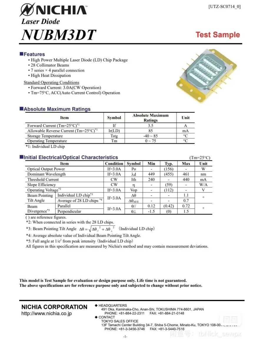 NICHIA NUBM3D Blue 455nm 156W Multiple Laser Diode Chip Array with PCB ...