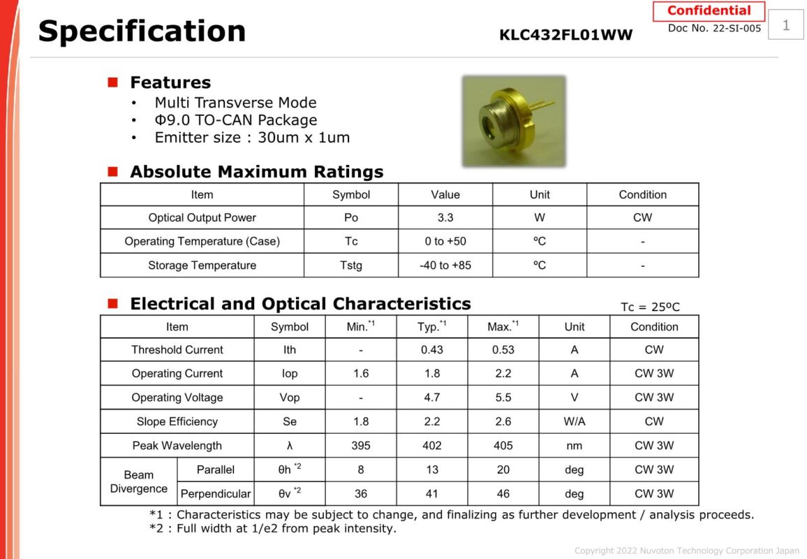 Panasonic KLC432FL01WW 402nm 405nm3W 3.3W Violet high power laser diode ...
