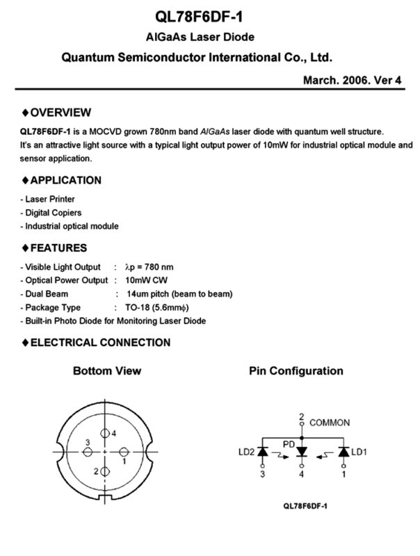 QSI 775nm 788nm 800nm 15mW QL78F6DF-1 Dual Wavelength IR Laser Diode ...