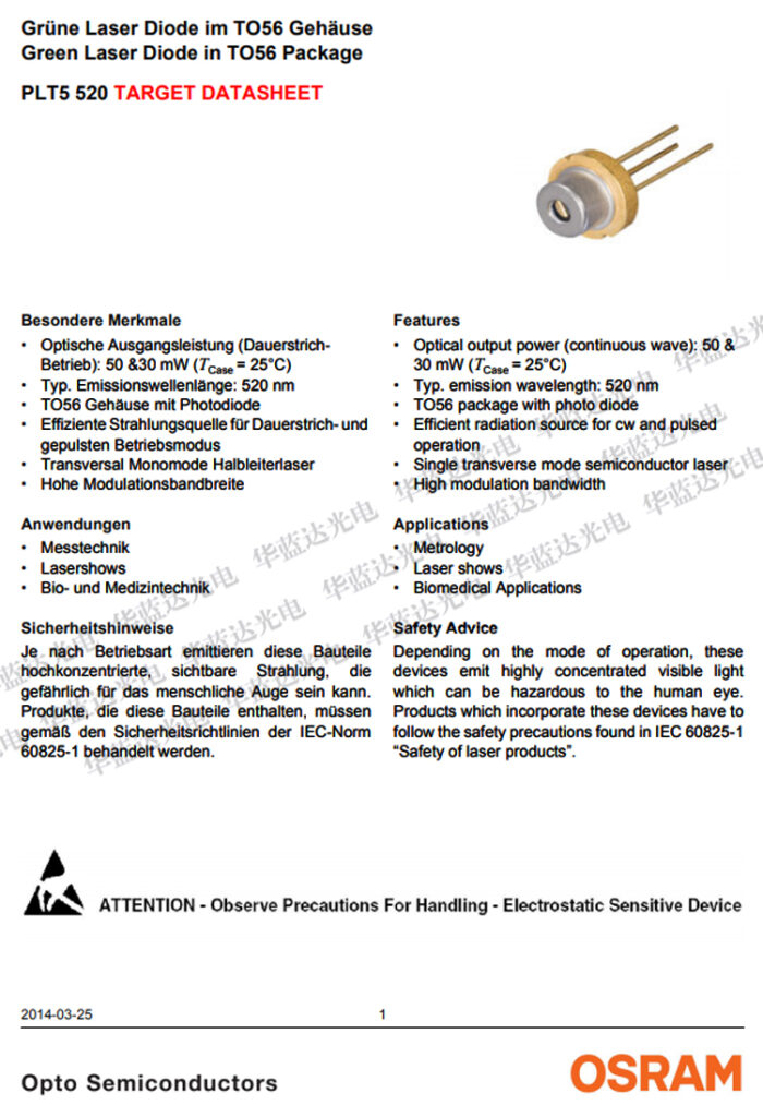 OSRAM 520nm 30mW 50mW PLT5 520 B1 B2 green laser diode – Beeg