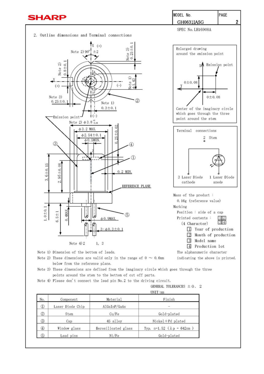 Sharp 635nm 638nm 150mW 185mW GH0631IA5G Orange Laser Diode Single mode ...