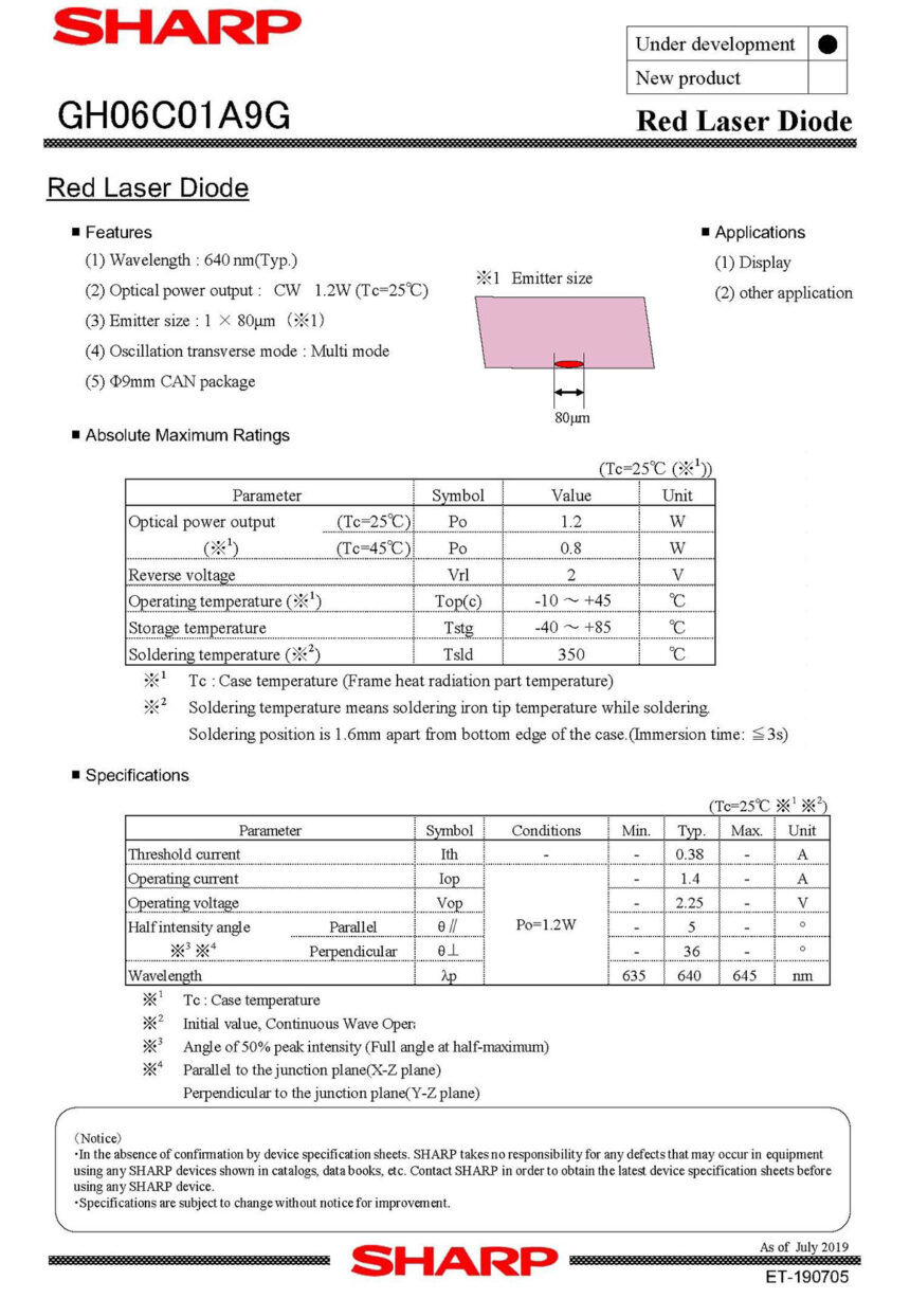 Sharp 640nm 1200mW 1.2W GH06C01A9G red laser diode – Beeg