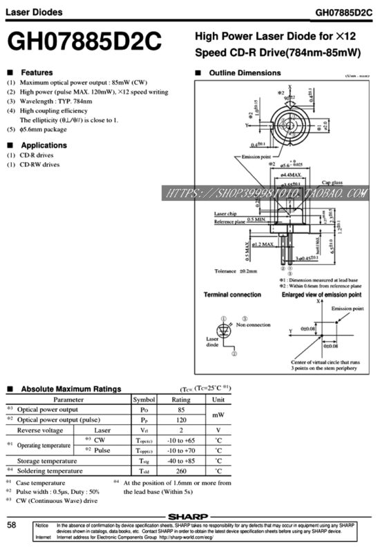 Sharp 785nm 70mW 85mW GH07885D2C infrared laser diode – Beeg